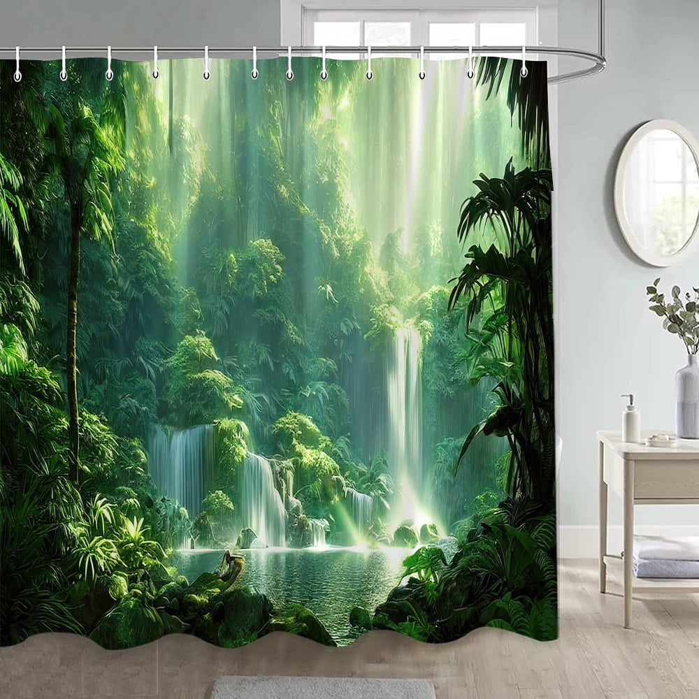 Tropical Jungle Waterfall Landscape Shower Curtains Forest Plants ...