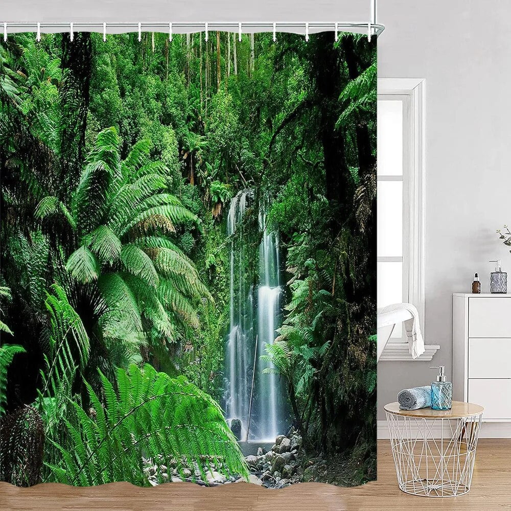 Tropical Jungle Waterfall Shower Curtains Natural Green Plants Trees ...