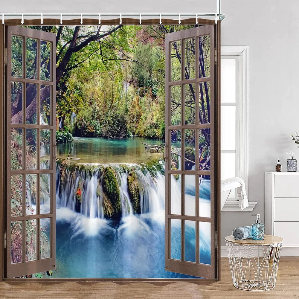 Tropical Jungle Waterfall Shower Curtains Natural Green Plants Trees ...