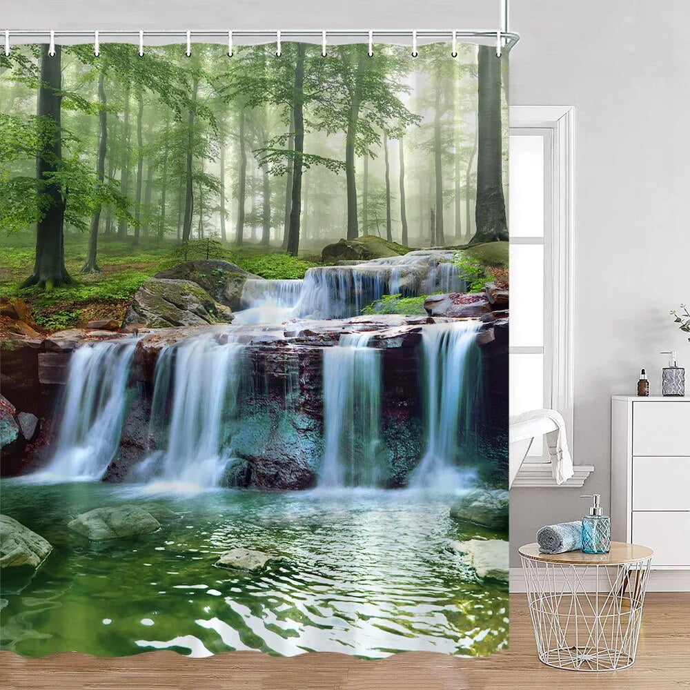 Tropical Jungle Waterfall Shower Curtains Natural Green Plants Trees ...