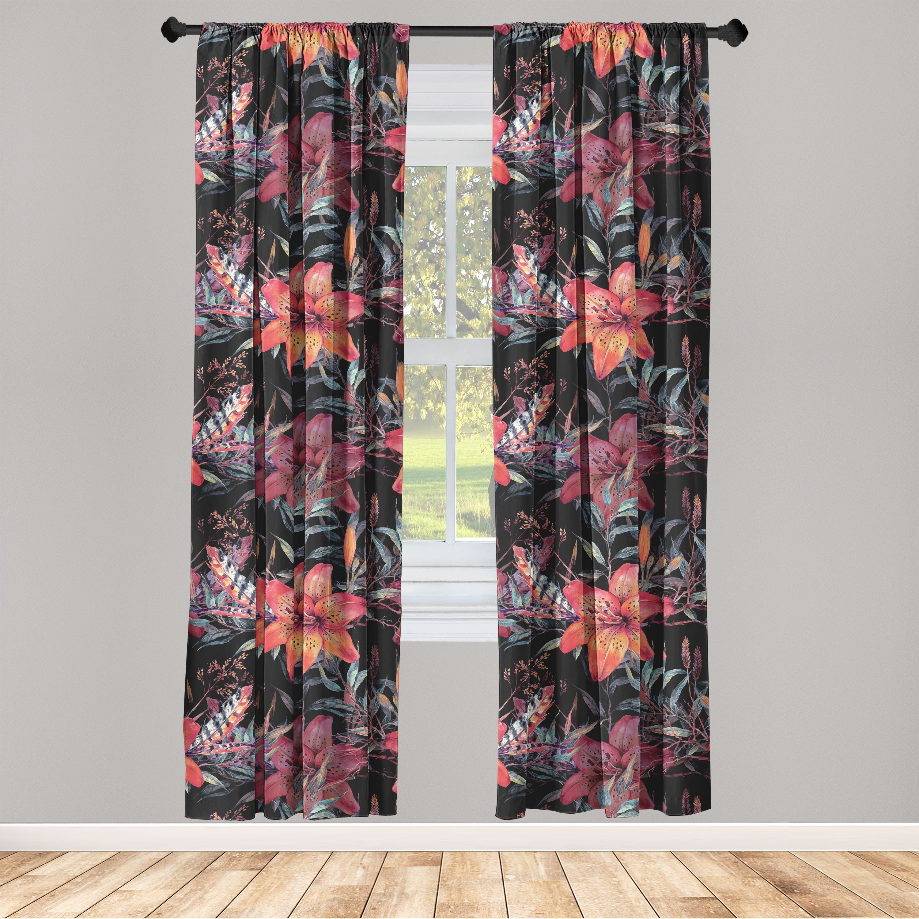 Tropical Jungle Window Curtains, Night Garden of Tiger Lily Pattern ...