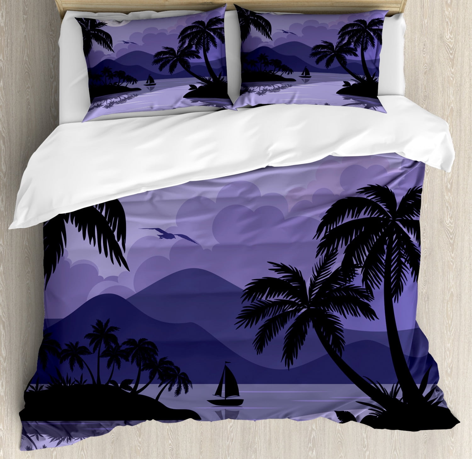 Tropical King Size Duvet Cover Set, Caribbean Island Landscape at Night ...