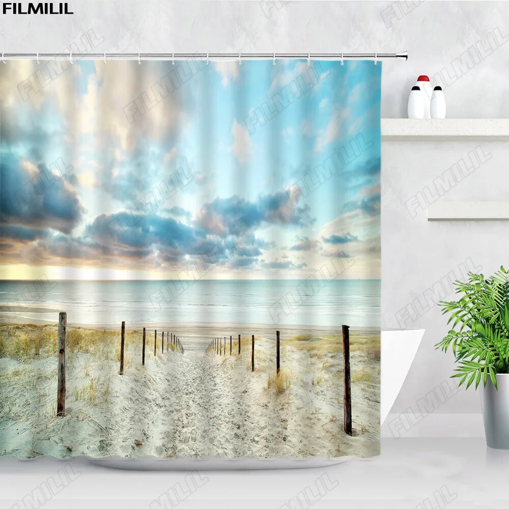 Tropical Landscape Shower Curtain 3d Open Window Ocean Beach Starshell