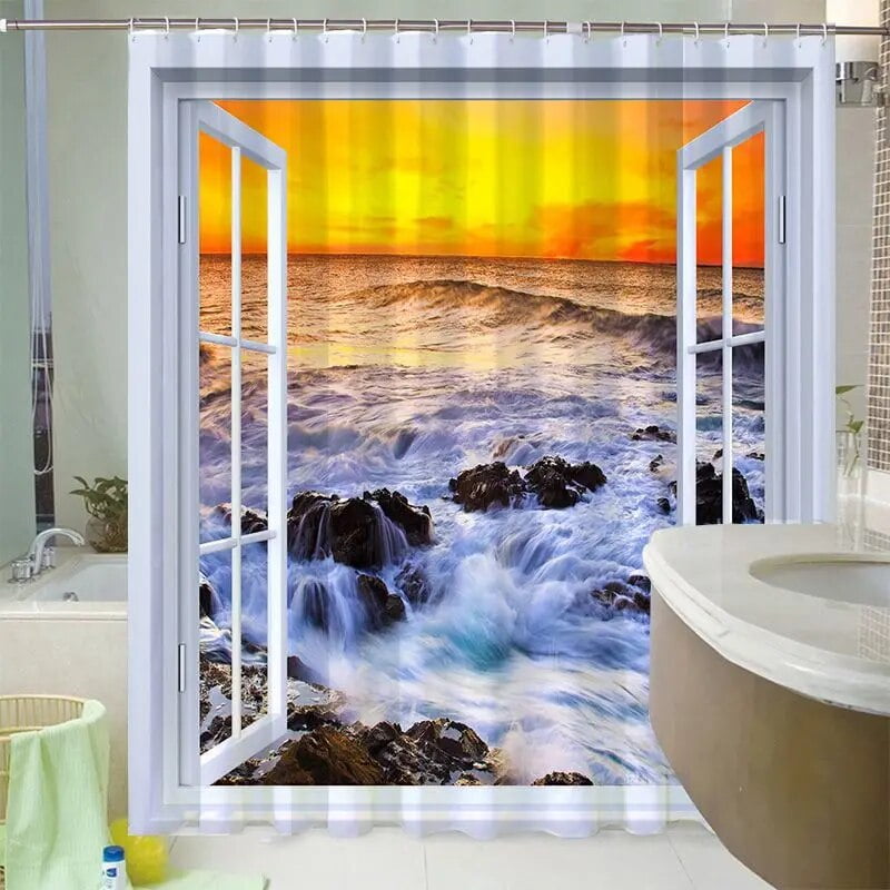 Tropical Landscape Shower Curtain 3d Open Window Ocean Beach Starshell