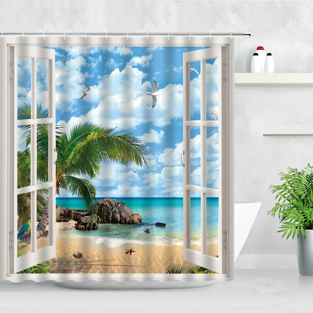 Tropical Landscape Shower Curtain 3d Open Window Ocean Beach Starshell