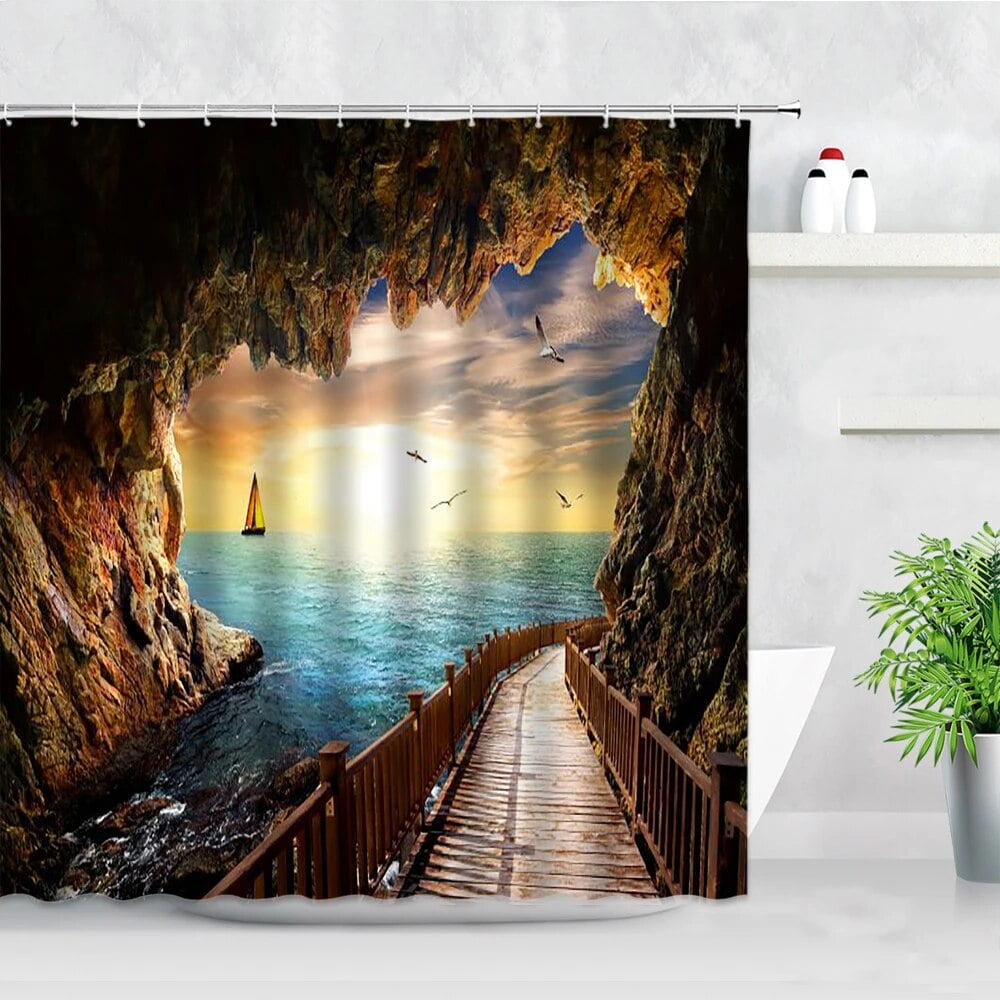 Tropical Landscape Shower Curtain 3d Open Window Ocean Beach Starshell