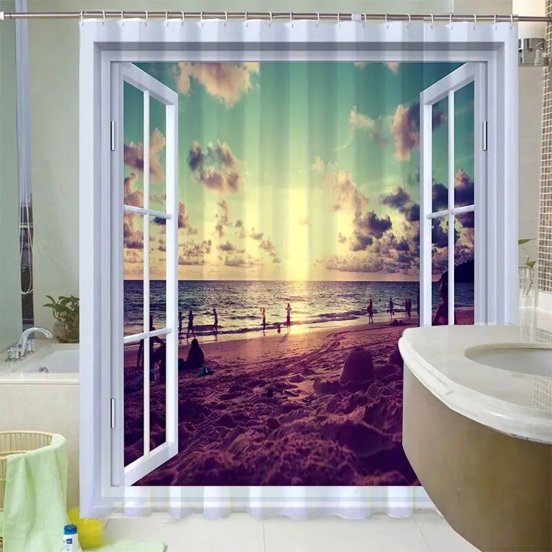 Tropical Landscape Shower Curtain 3d Open Window Ocean Beach Starshell