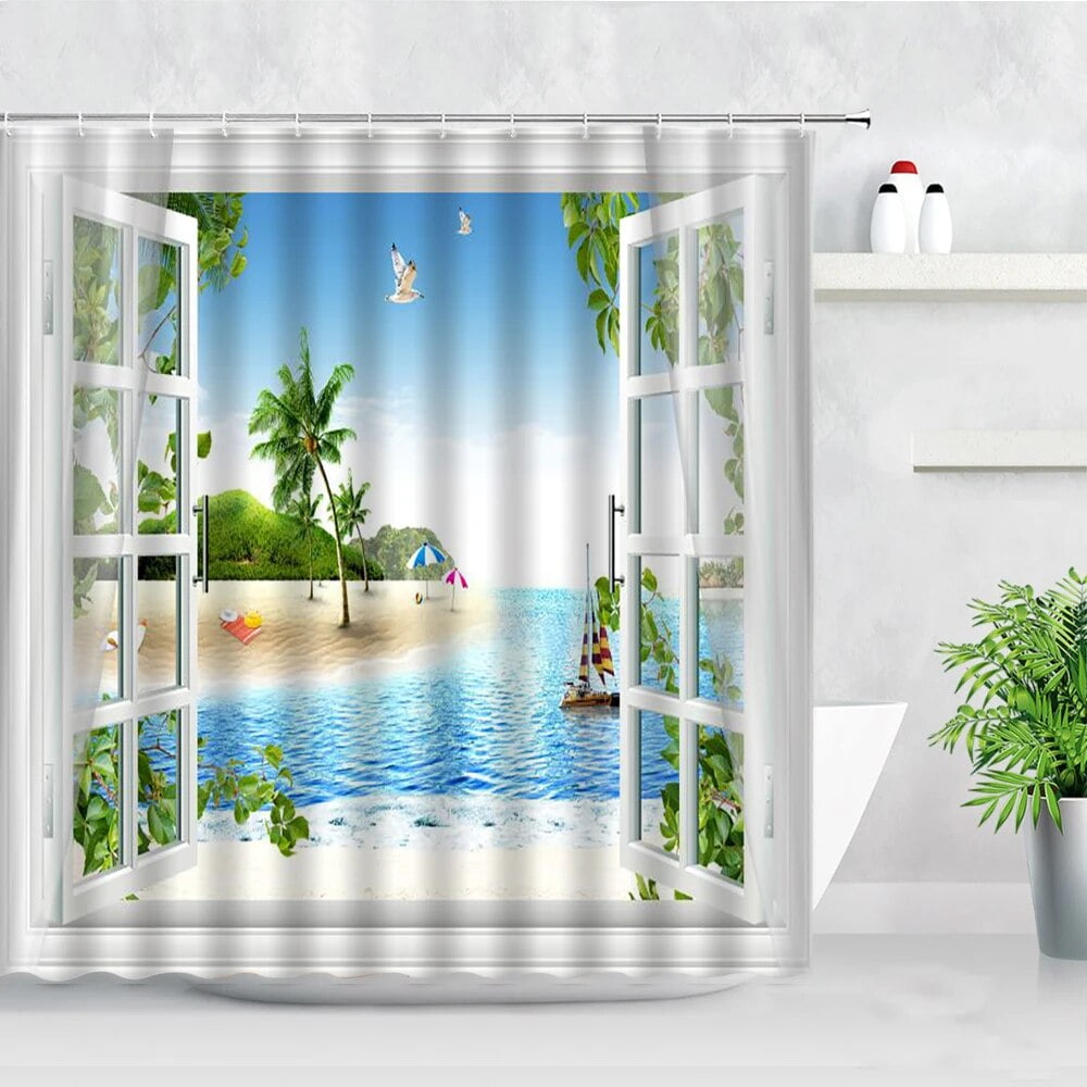 Tropical Landscape Shower Curtain 3d Open Window Ocean Beach Starshell