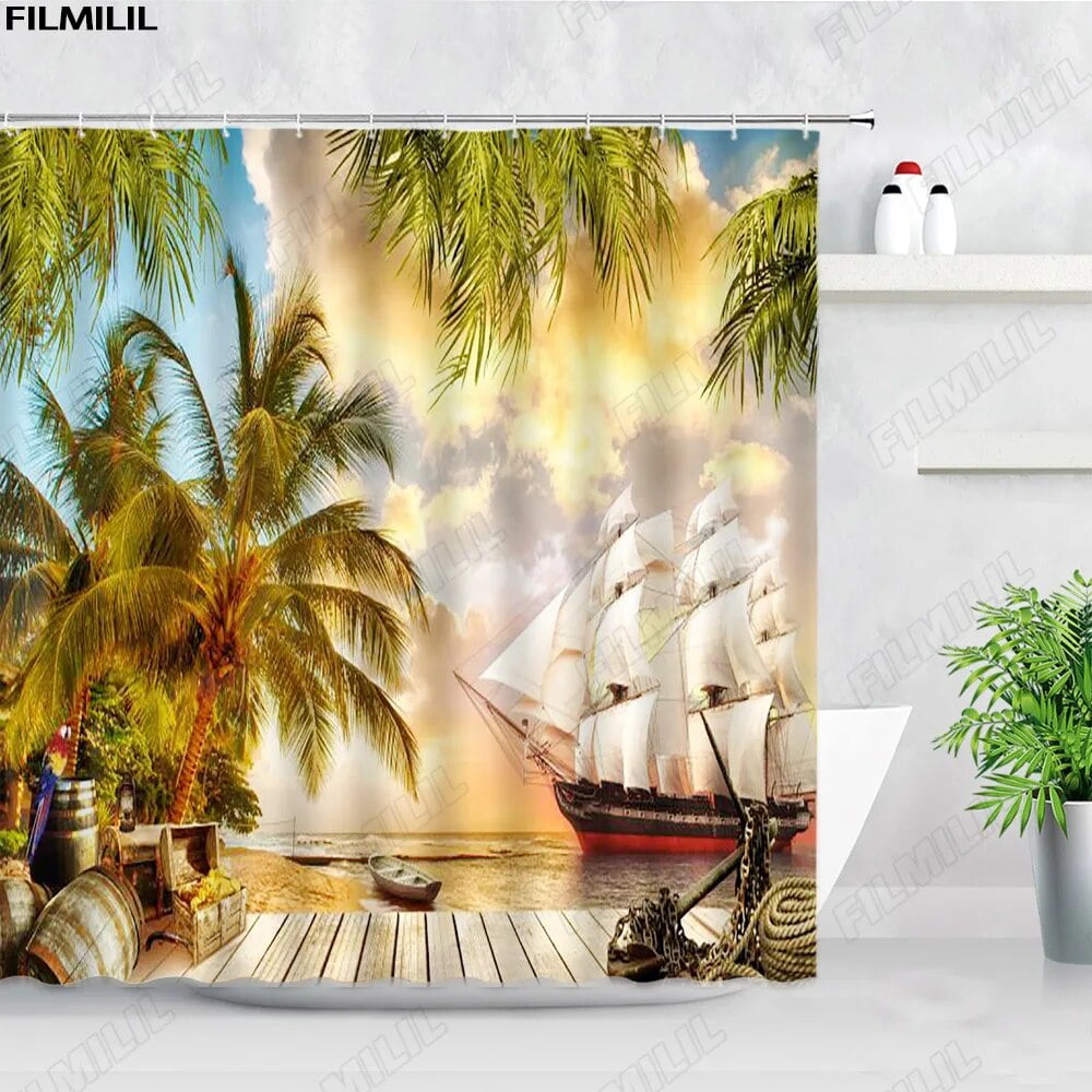 Tropical Landscape Shower Curtain 3d Open Window Ocean Beach Starshell