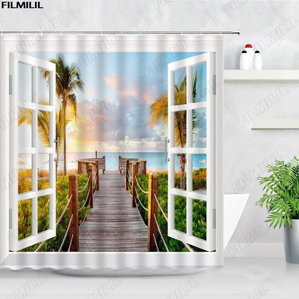 Tropical Landscape Shower Curtain 3d Open Window Ocean Beach Starshell
