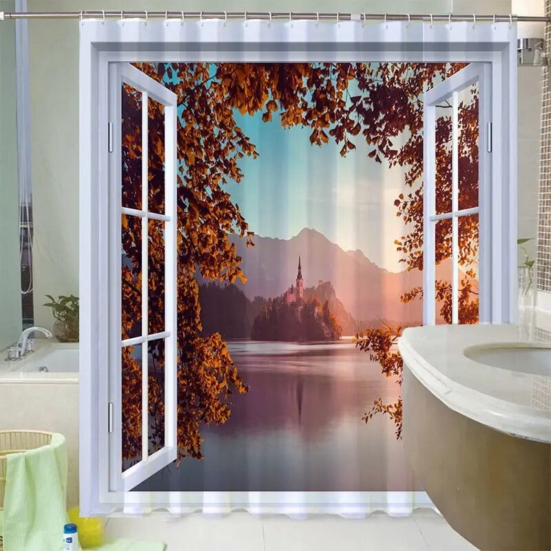 Tropical Landscape Shower Curtain 3d Open Window Ocean Beach Starshell