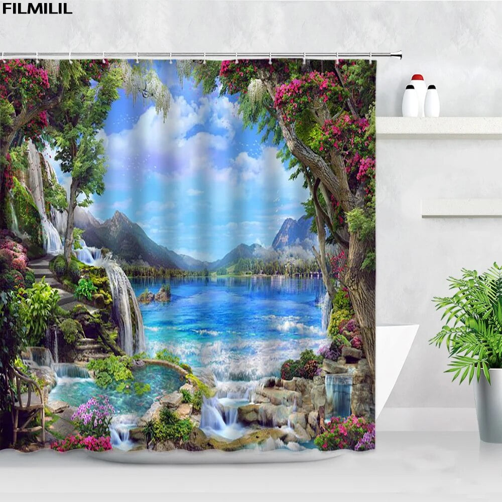 Tropical Landscape Shower Curtain 3d Open Window Ocean Beach Starshell