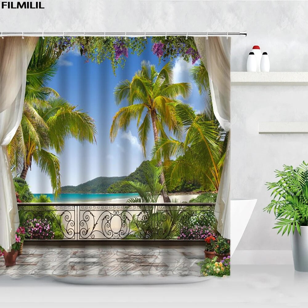 Tropical Landscape Shower Curtain 3d Open Window Ocean Beach Starshell