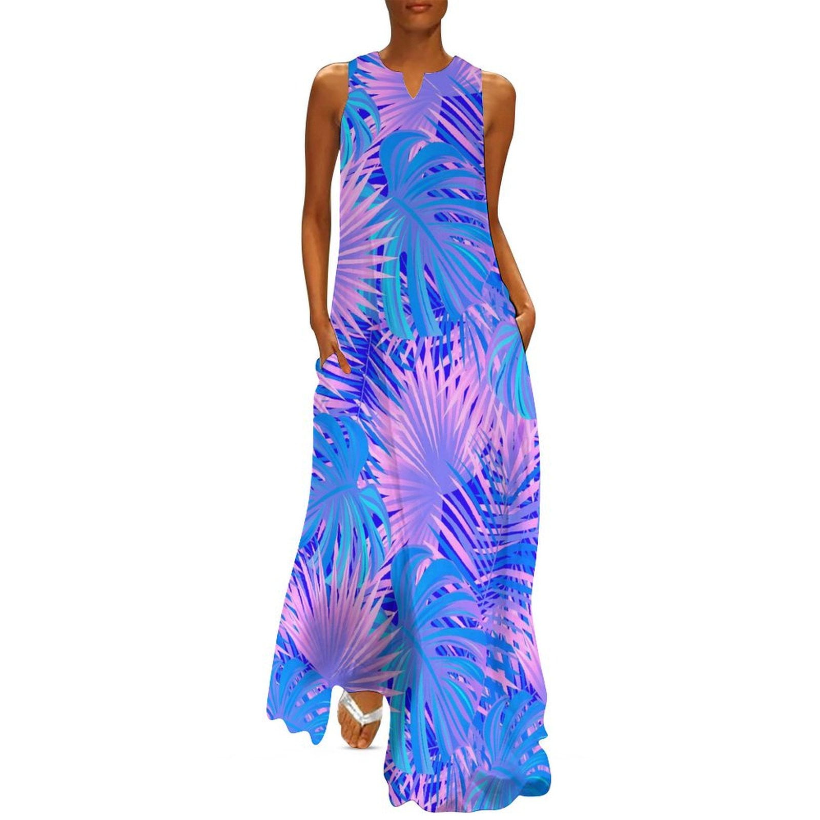 Tropical Leaf Dress Palm Print Cute Maxi Dress Aesthetic Boho Beach ...