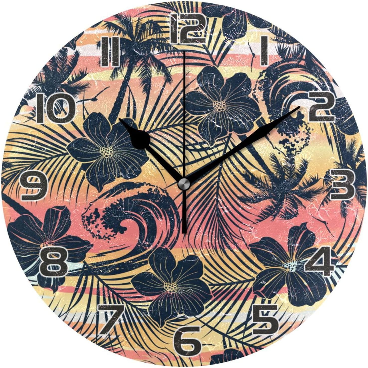Tropical Leaf and Flowers Wall Clock Round Vintage Silent Non Ticking ...
