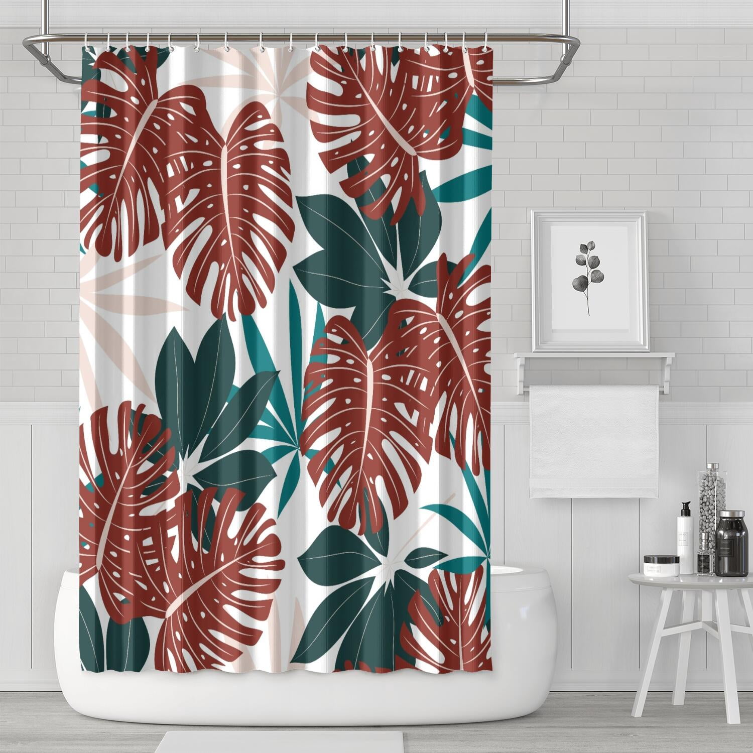 Tropical Leaf Hawaiian Shower Curtain with 12 Hooks - Waterproof Fade ...