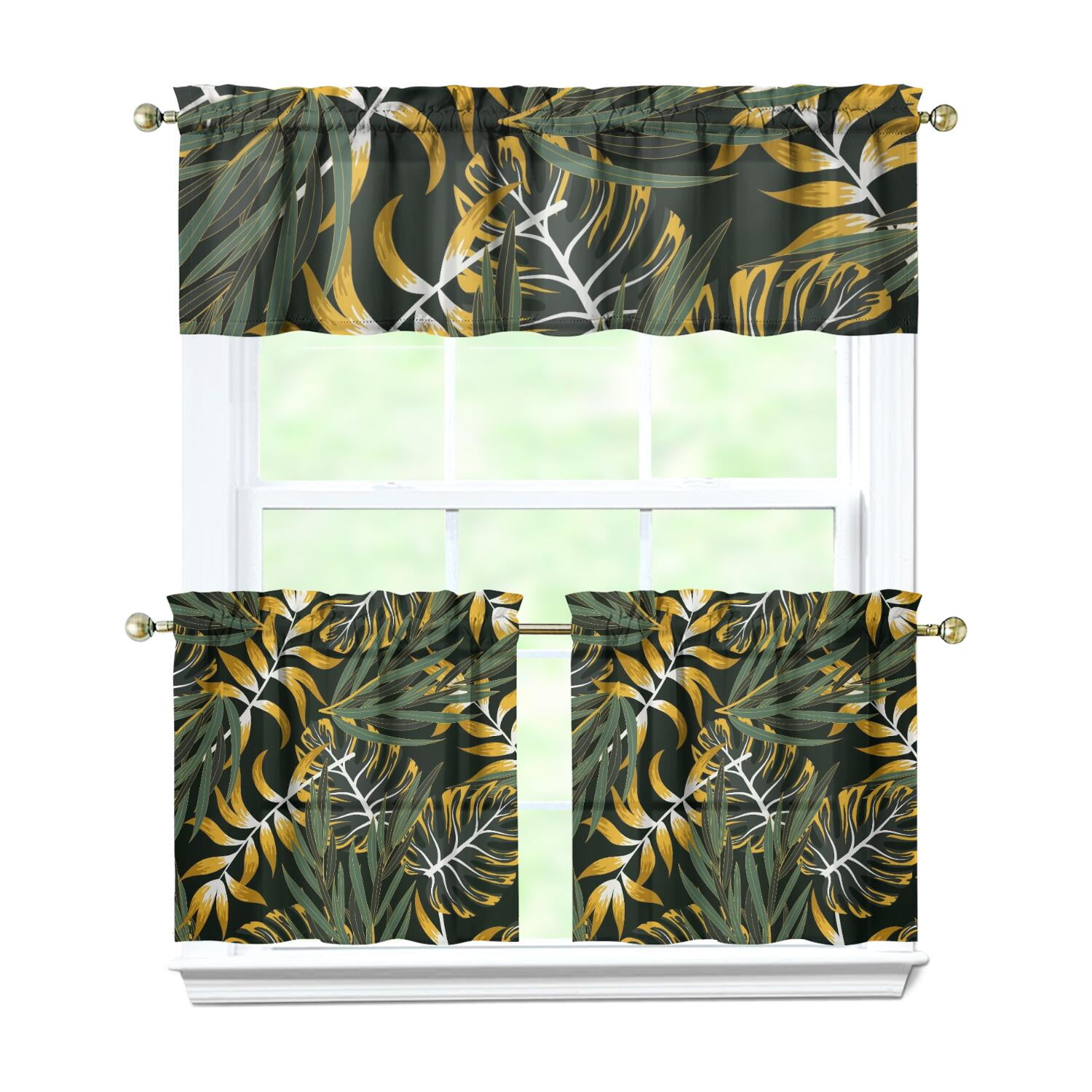 Tropical Leaf Kitchen Curtains Tier and Valance Set, Palm Inspired ...