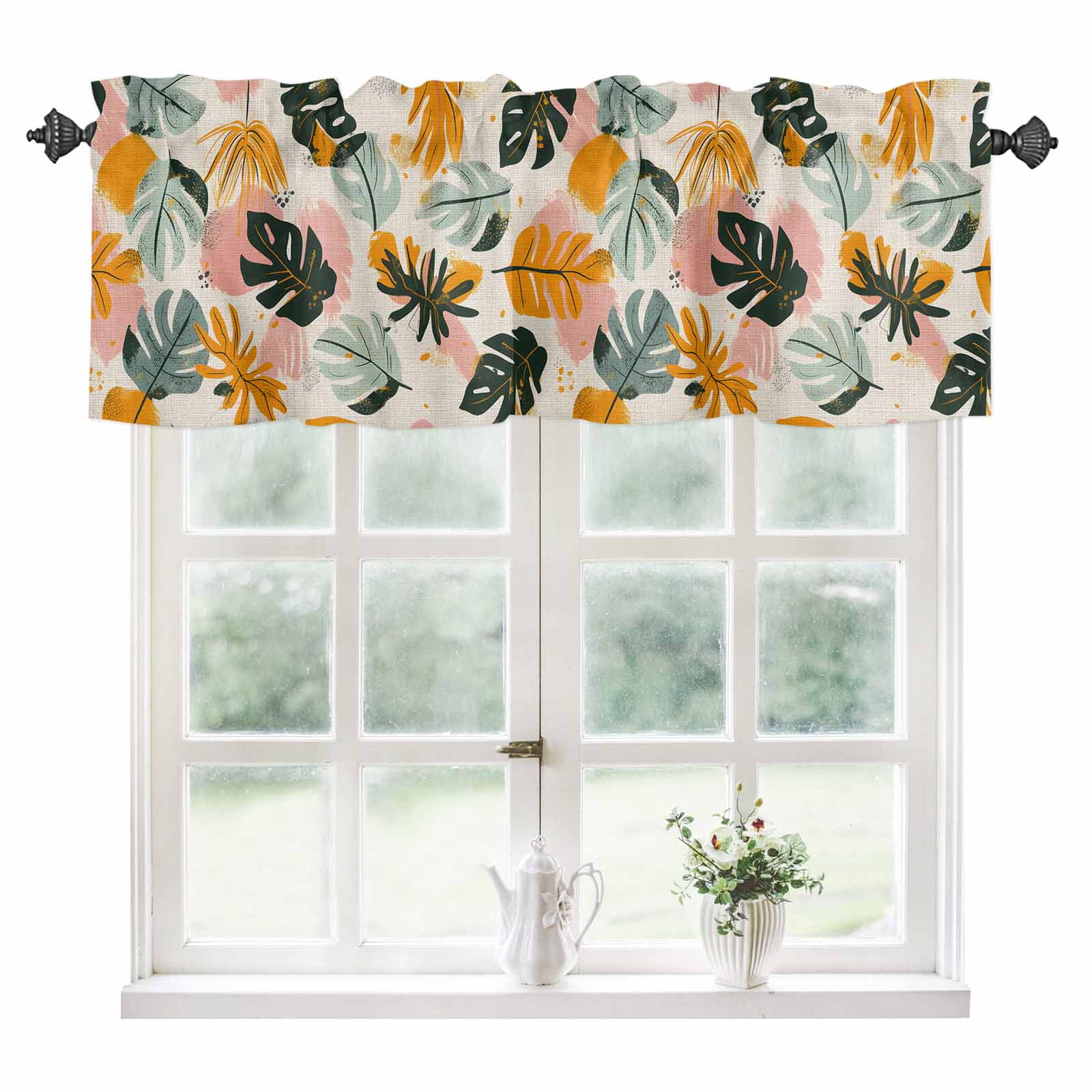 Tropical Leaf Kitchen Valances for Windows 60x18 Inch Kitchen Curtains ...