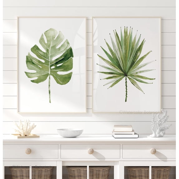 Tropical Leaf Monstera Palm Modern Coastal Botanical Wall Art, Coastal ...