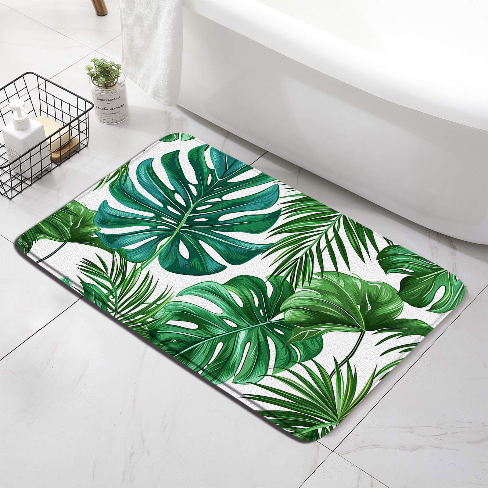 Tropical Leaves Bath Mat Set Green Palm Leaf Plant Home Carpet Door ...