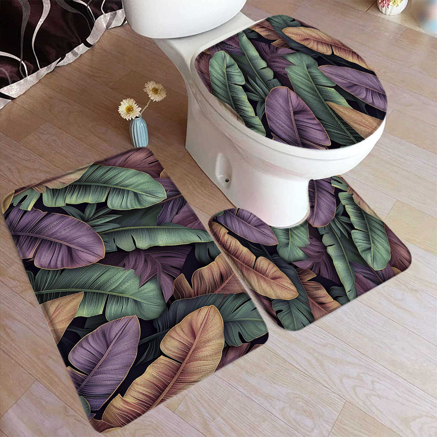 Tropical Leaves Bath Mat Set Green Palm Leaf Plant Home Carpet Door ...