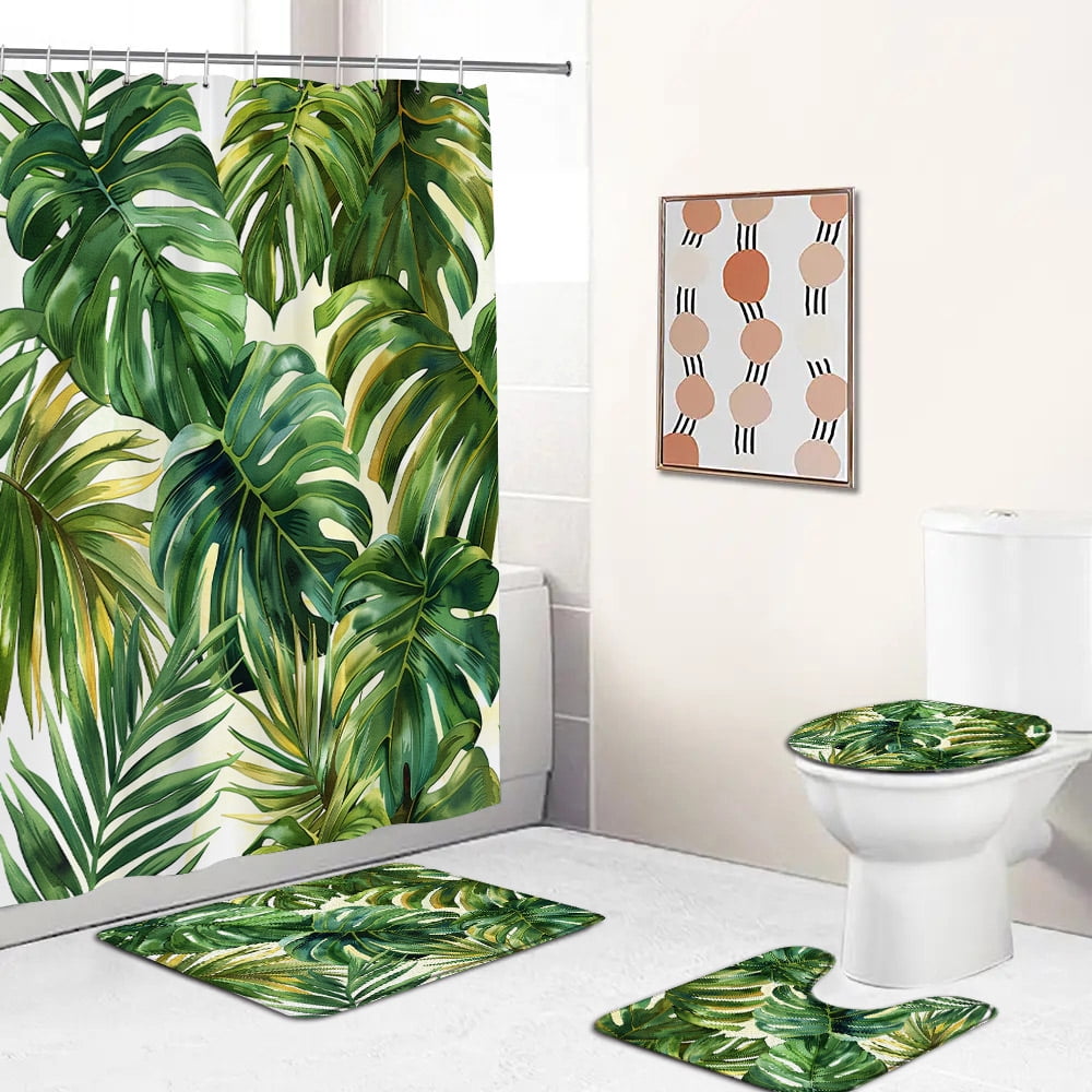 Tropical Leaves Bath Mat Set Green a Palm Leaf Bathroom Non-slip Rugs ...