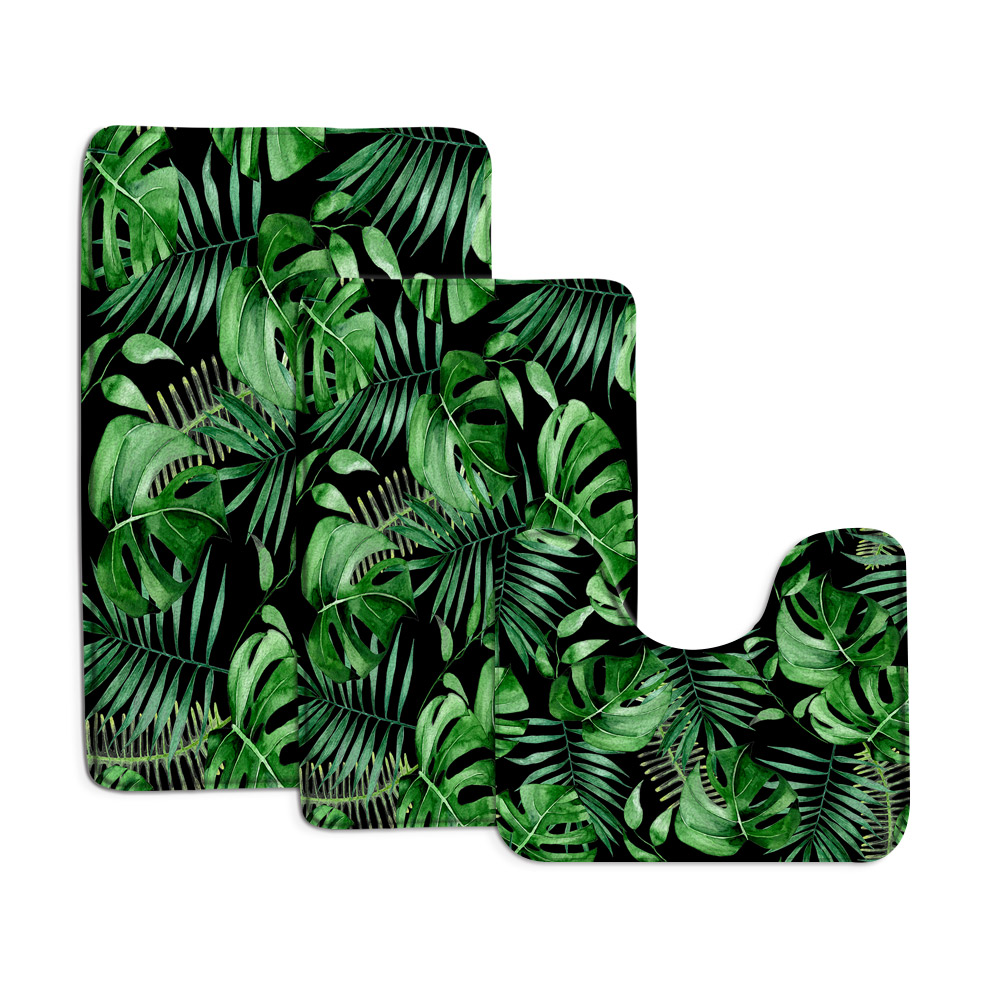 Tropical Leaves Bath Mat Set Palm Leaf Monstera Green Plants Modern ...