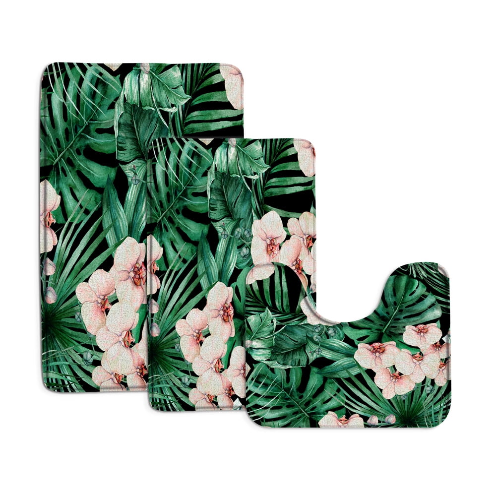 Tropical Leaves Bath Mat Set Palm Leaf Monstera Green Plants Modern ...