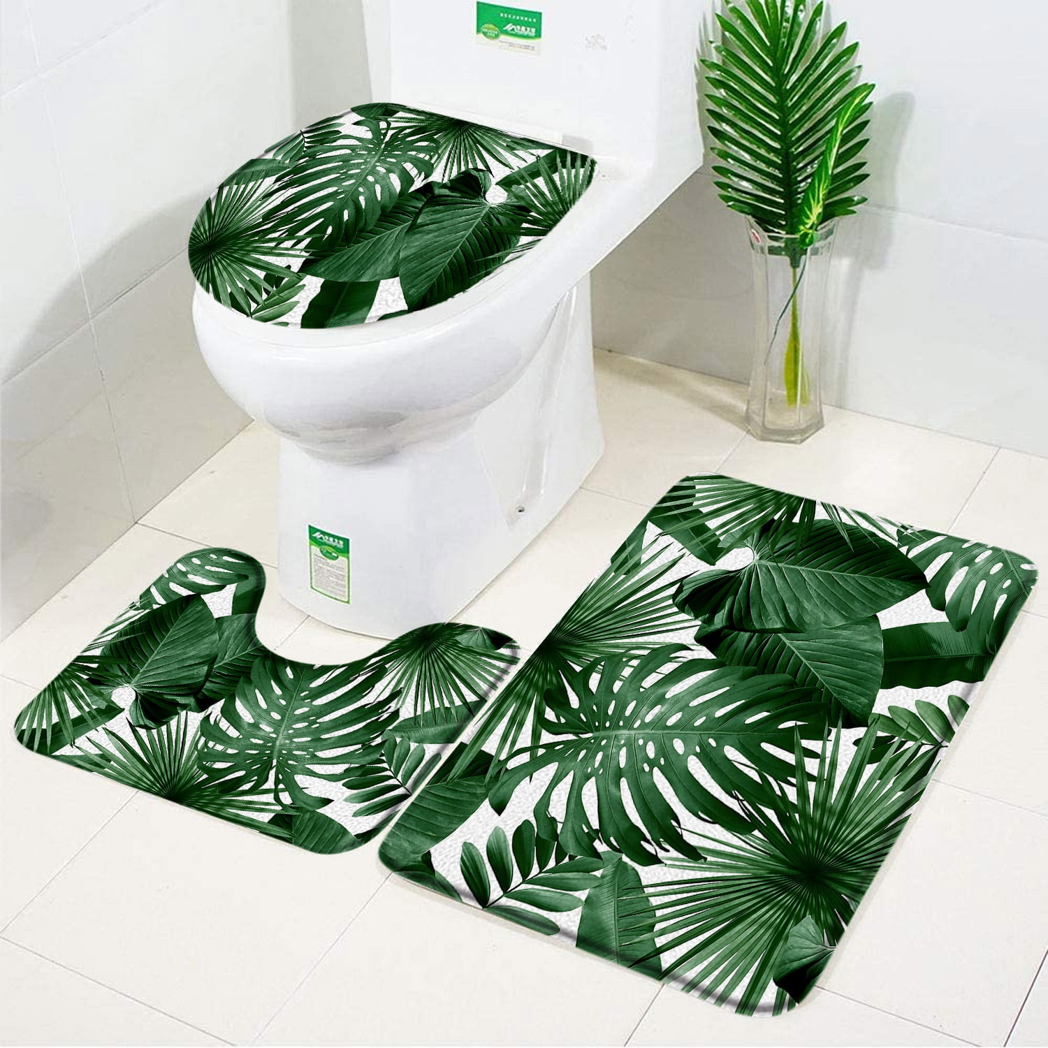 Tropical Leaves Bath Mat Set Watercolour Monstera Palm Leaf Green Plant ...
