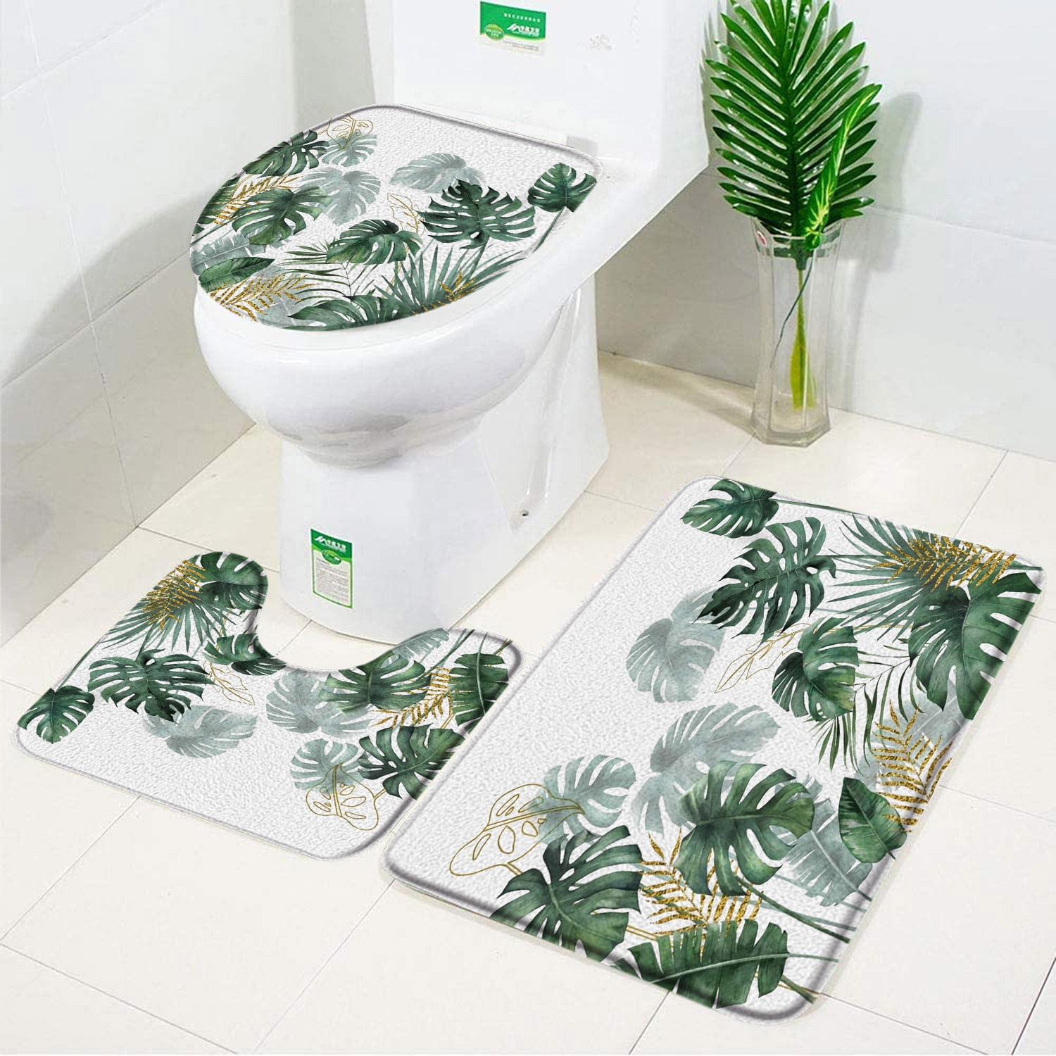 Tropical Leaves Bath Mat Set Watercolour Monstera Palm Leaf Green Plant ...