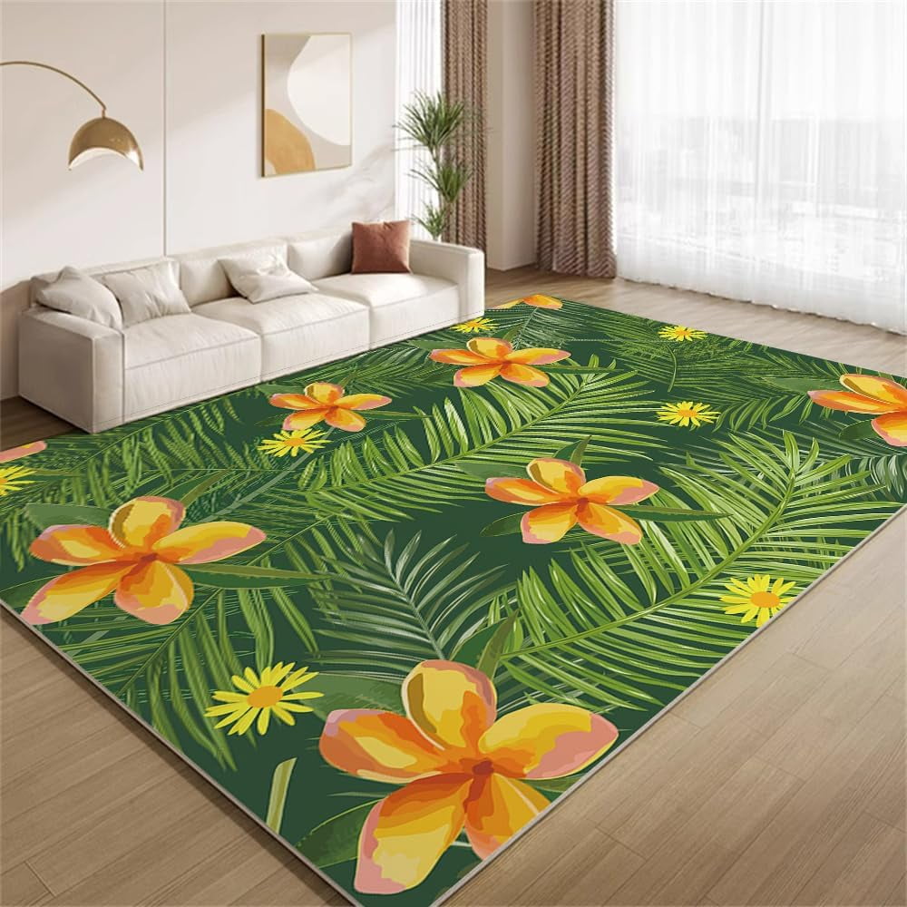 Tropical Leaves Botanical Area Rugs 4x5 Rug Palm Leaf Yellow Flower ...