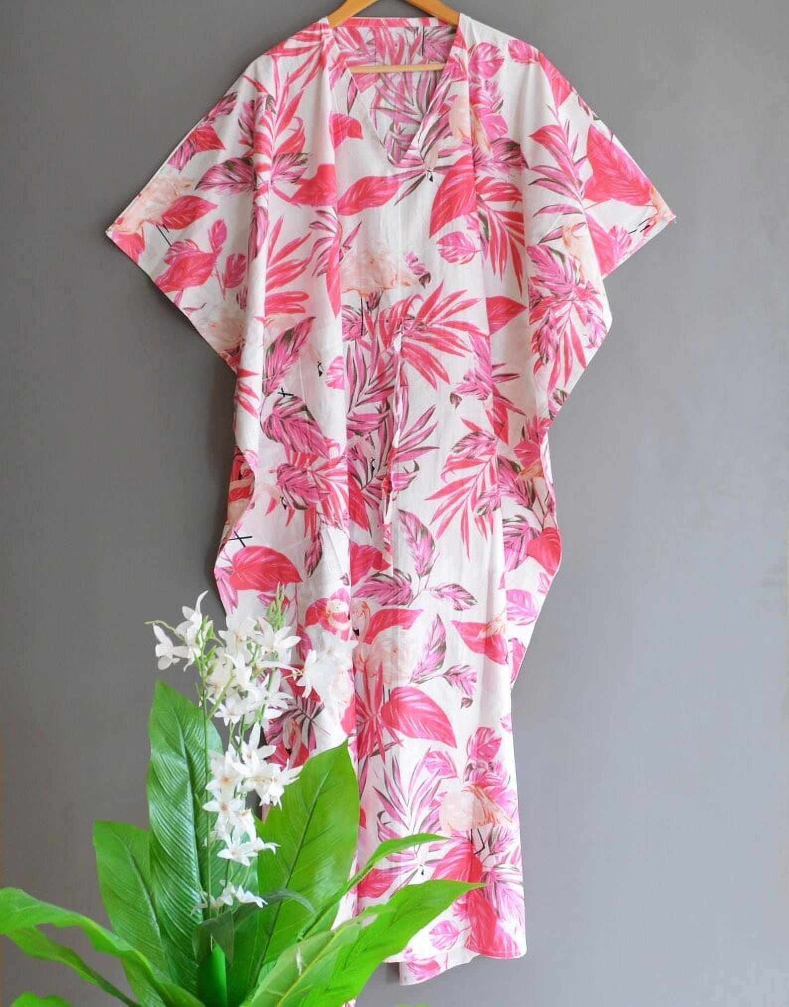 Tropical Leaves Flamingo Print Cotton Fabric Indian Kaftan Dress Long ...