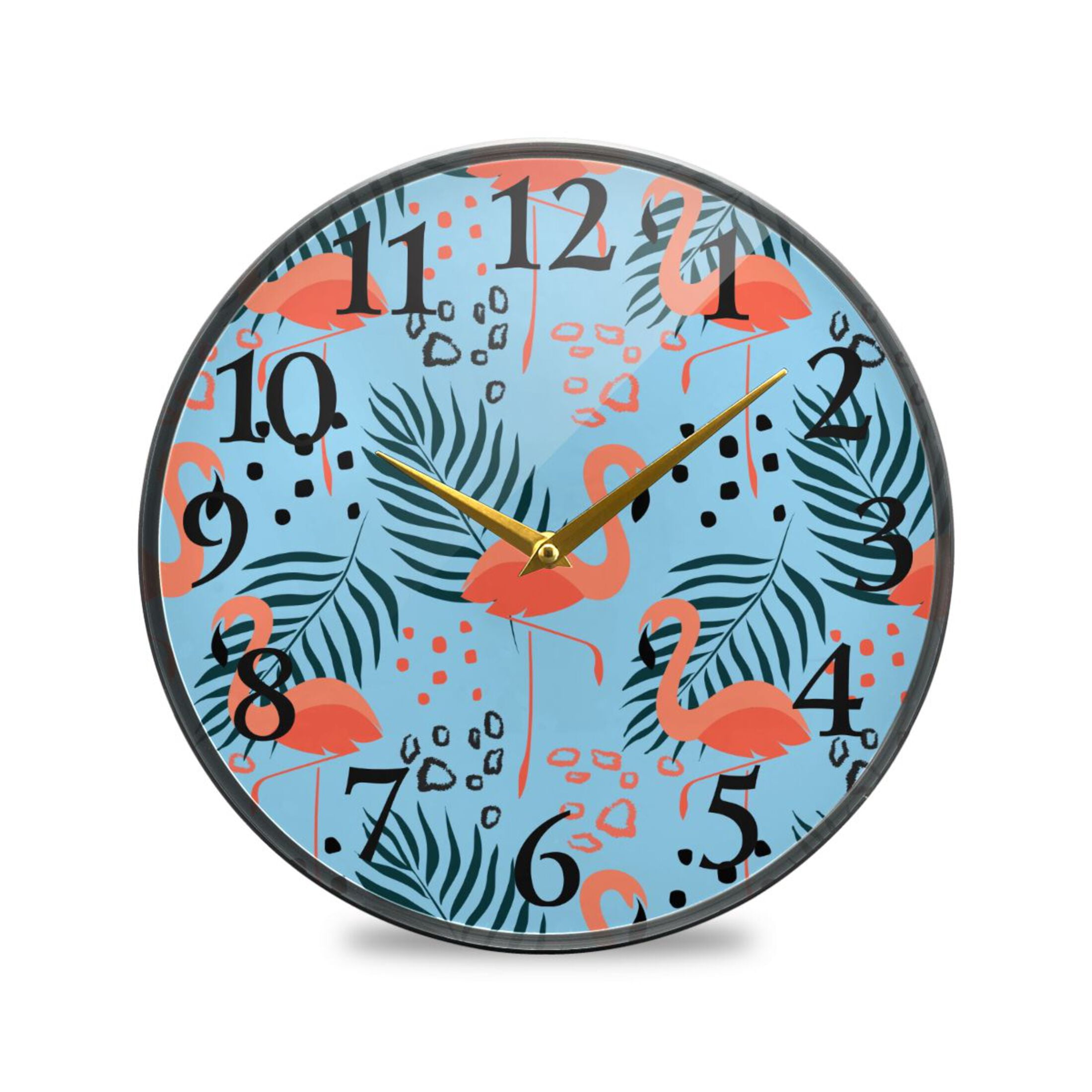 Tropical Leaves Flamingo Wall Clocks Battery Operated 11.9 Inch Round ...