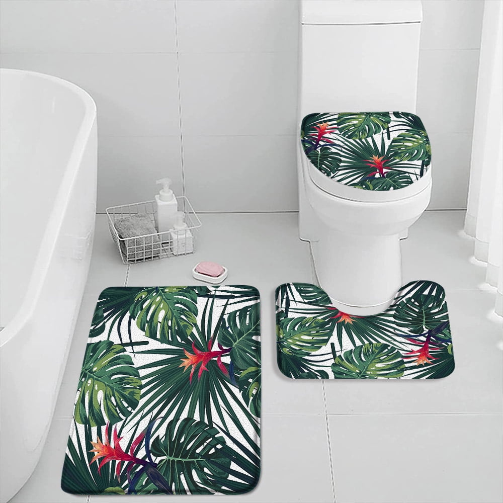Tropical Leaves Non-slip Bath Mat Set Palm Monstera Leaf Green Plants ...