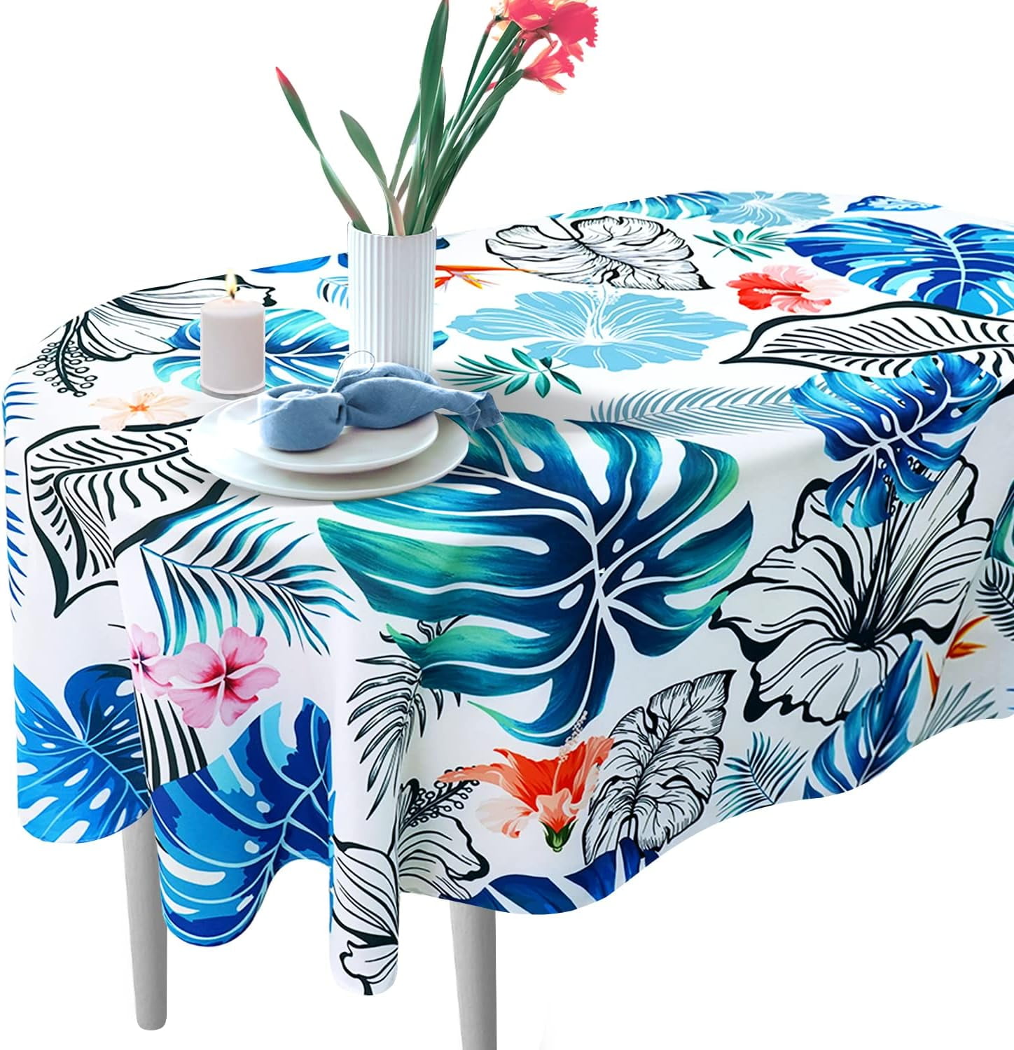 Tropical Leaves Oval Tablecloth 60 x 84, Blue Green Leaves Summer ...