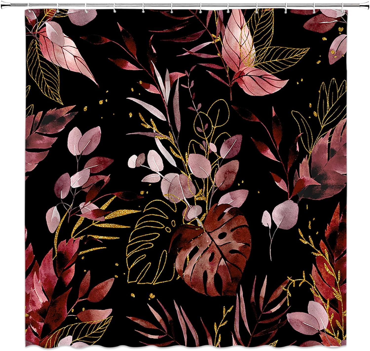 Tropical Leaves Shower Curtain Burgundy Red Palm Leaf Watercolor ...