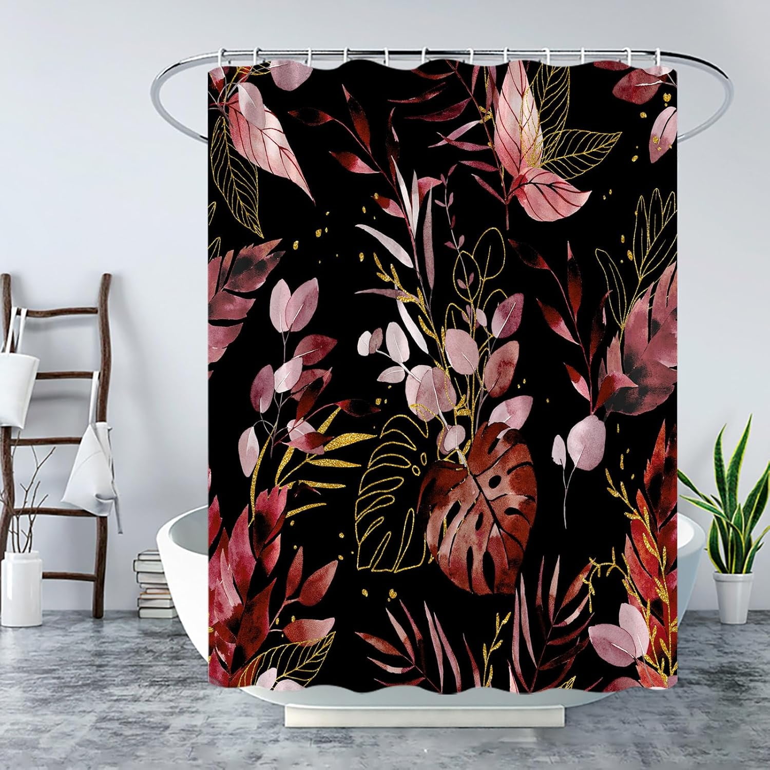 Tropical Leaves Shower Curtain Burgundy Red Palm Leaf Watercolor ...