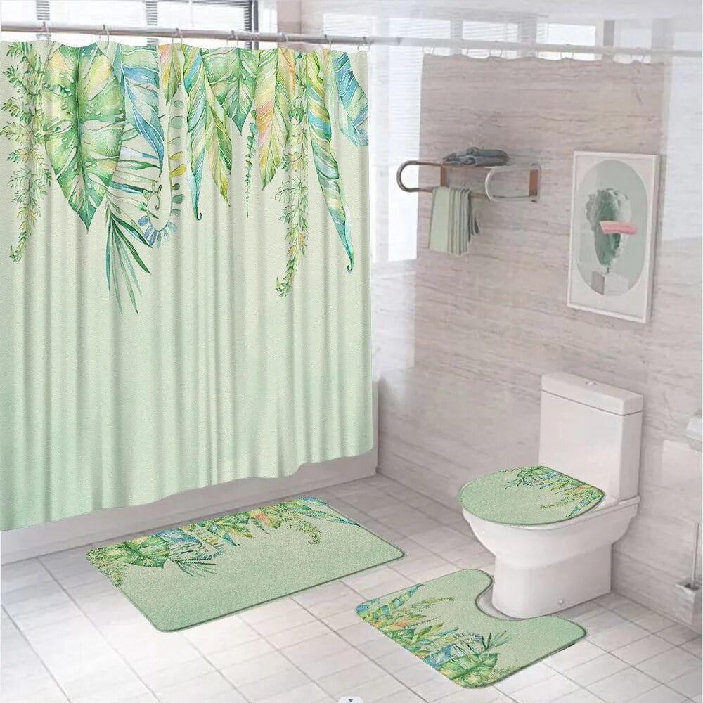 Tropical Leaves Shower Curtain Sets Summer Monstera Green Jungle Plant ...