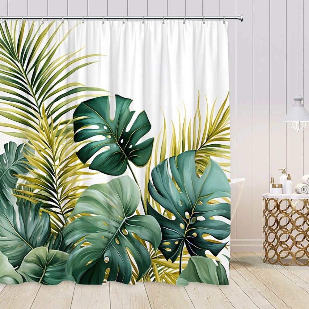 Tropical Leaves Shower Curtains Monstera Palm Leaf Watercolour Plants