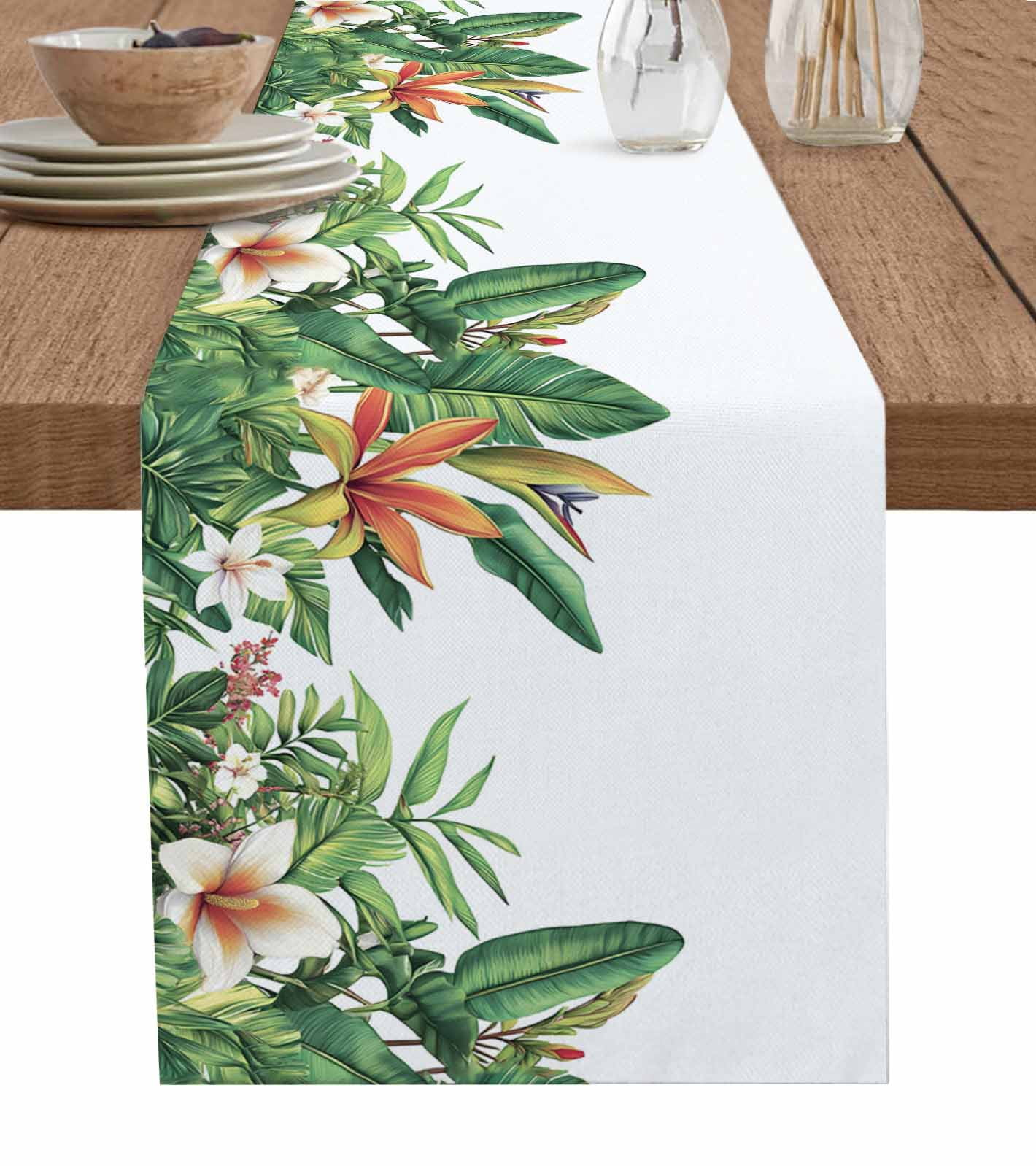 Tropical Leaves Summer Table Runner 60 Inches, Watercolor Floral Green ...