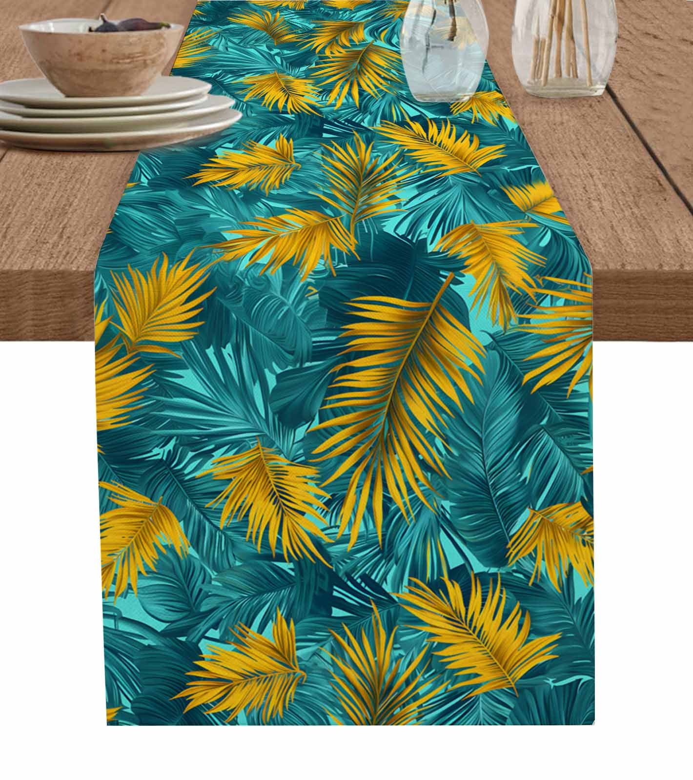 Tropical Leaves Table Runner 36 Inches, Retro Pastel Turquoise Gold ...