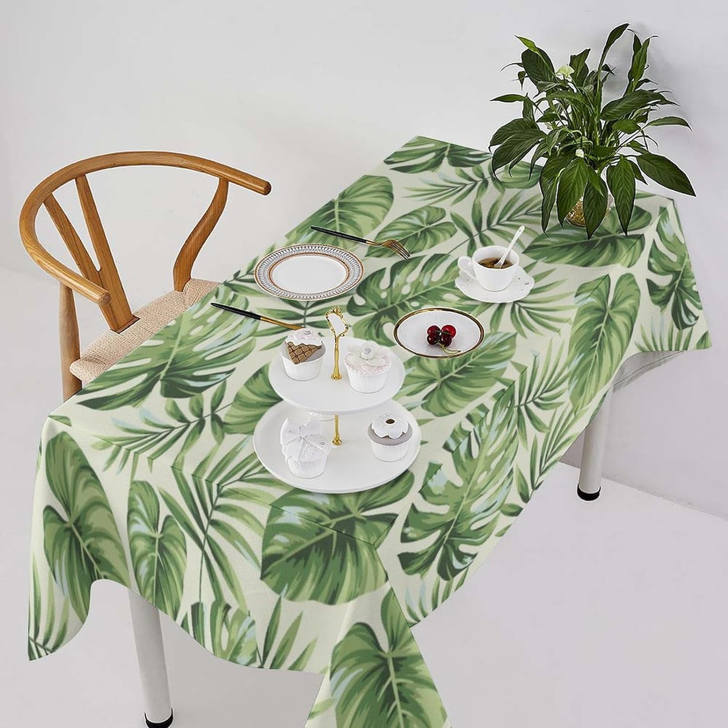 Tropical Leaves Tablecloth, Exotic Green Palm Leaves Banana Leaf Table ...
