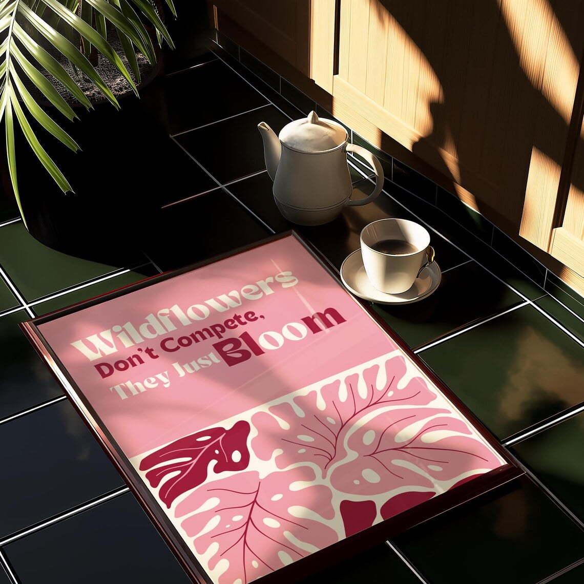 Tropical Leaves Wall Art, Pink Botanical Print With Motivational Quote ...