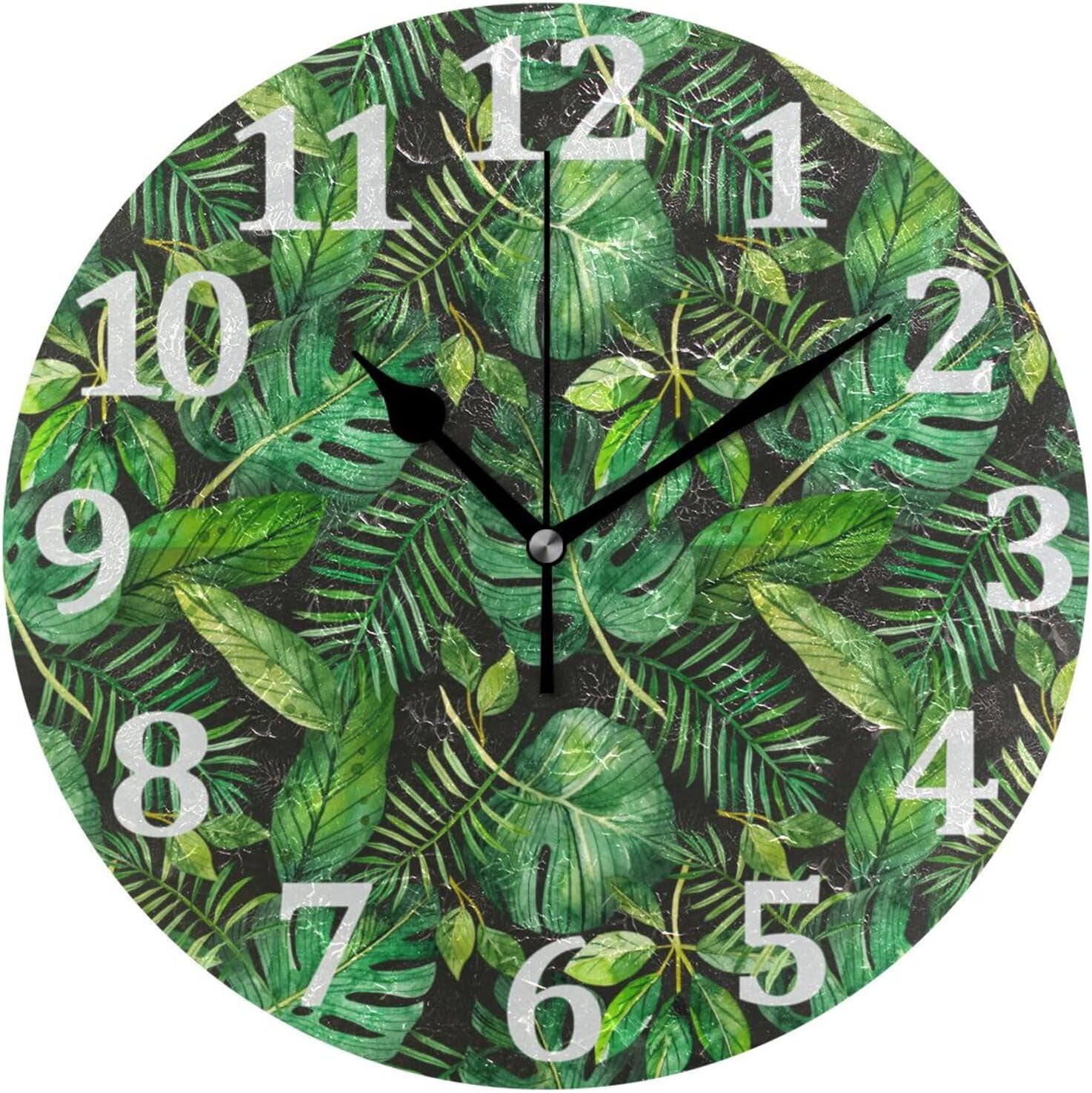 Tropical Leaves Wall Clock Round Vintage Silent Non Ticking Battery ...