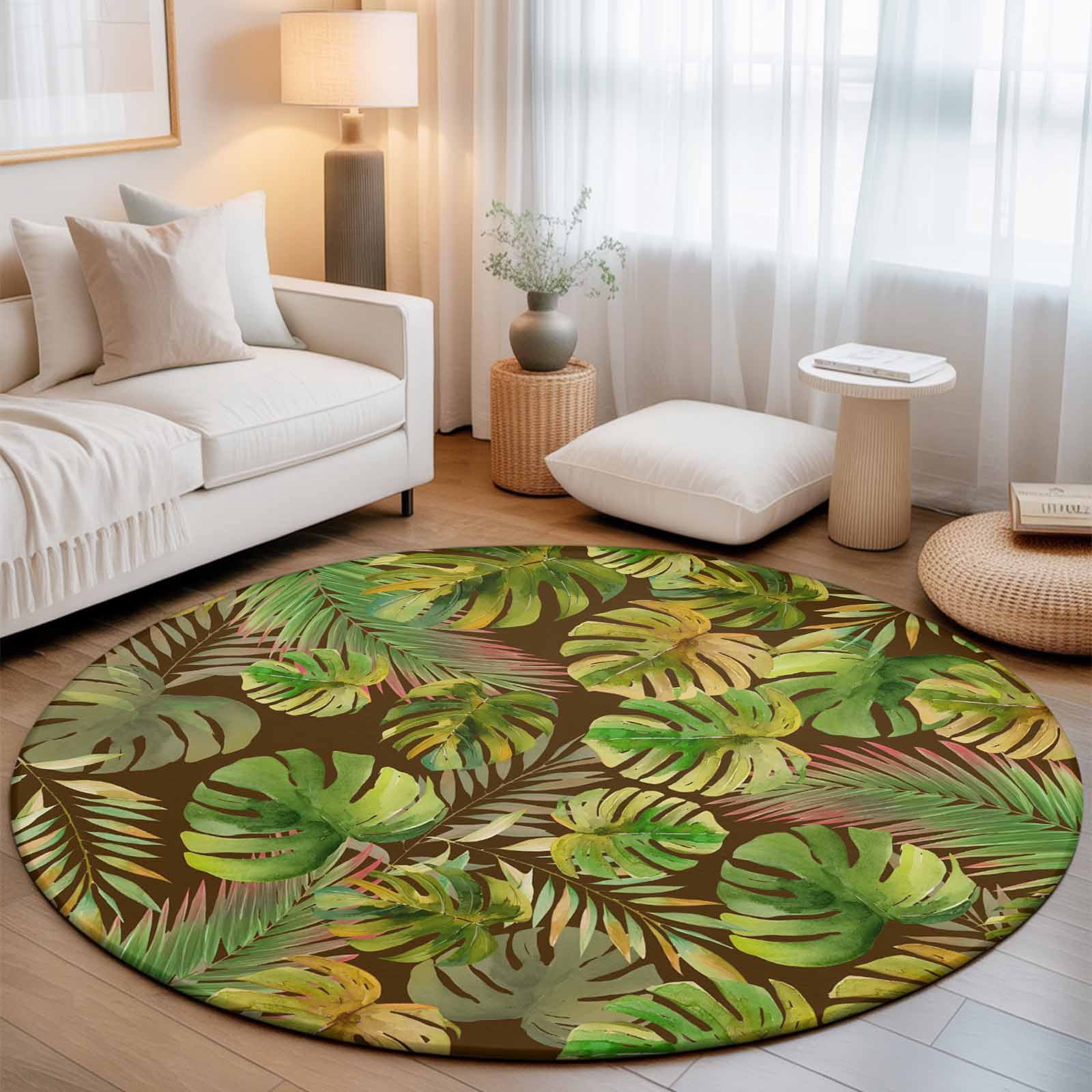 Tropical Leaves Washable Round Area Rug 8 ft, Monstera Leaf Botanical ...