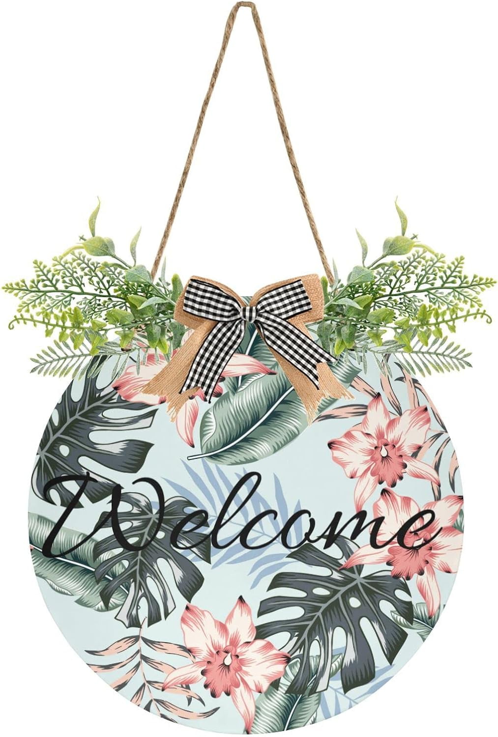 Tropical Leaves Welcome Sign for Front Door, Round Sign Hanging Welcome ...