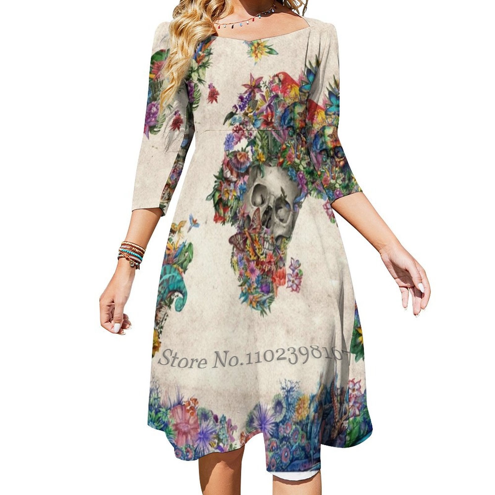 Tropical Leaves World Map Square Neck Dress Sweet Summer Dress Women ...