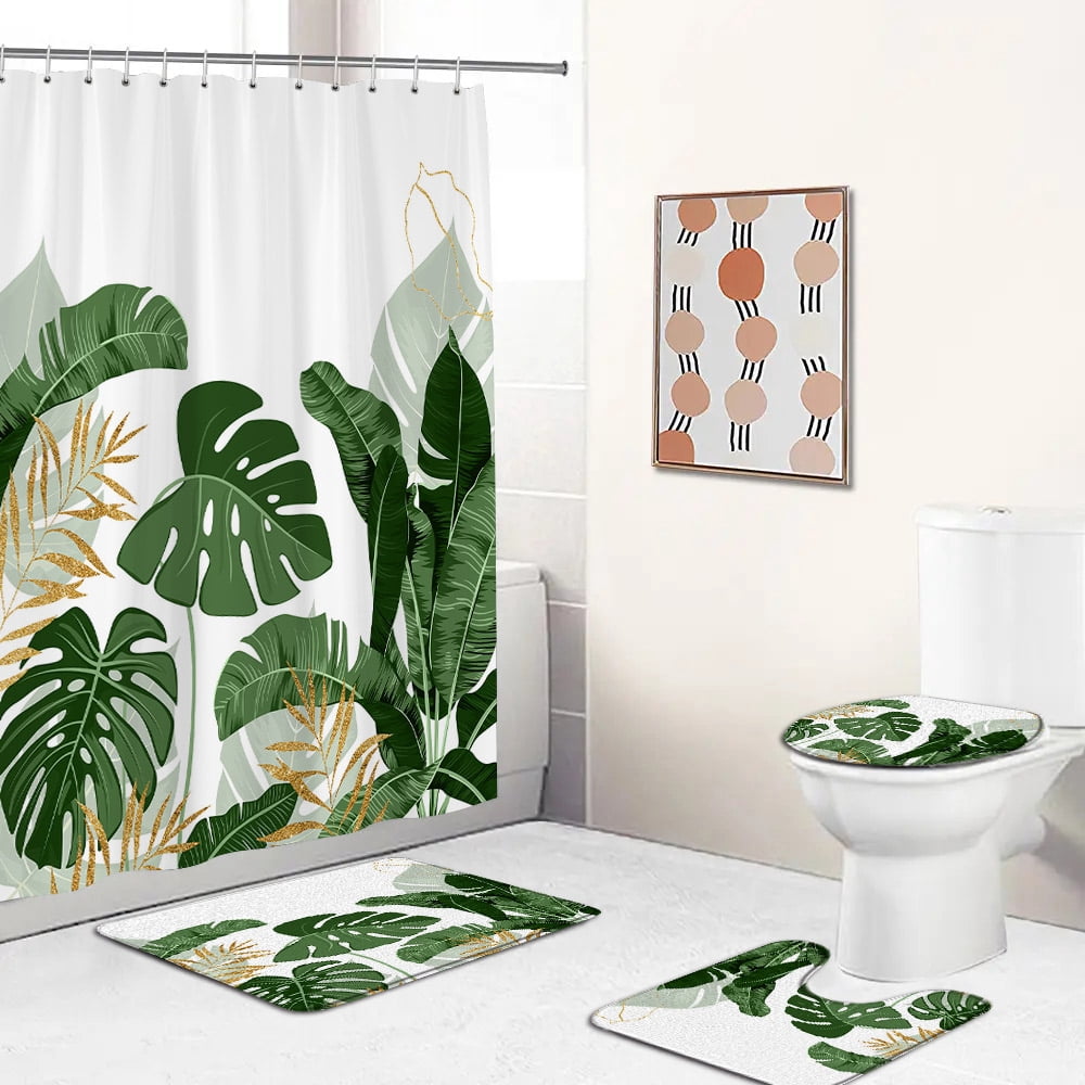 Tropical Leaves a Shower Curtain Set Palm Banana Leaf Minimalist Bath ...