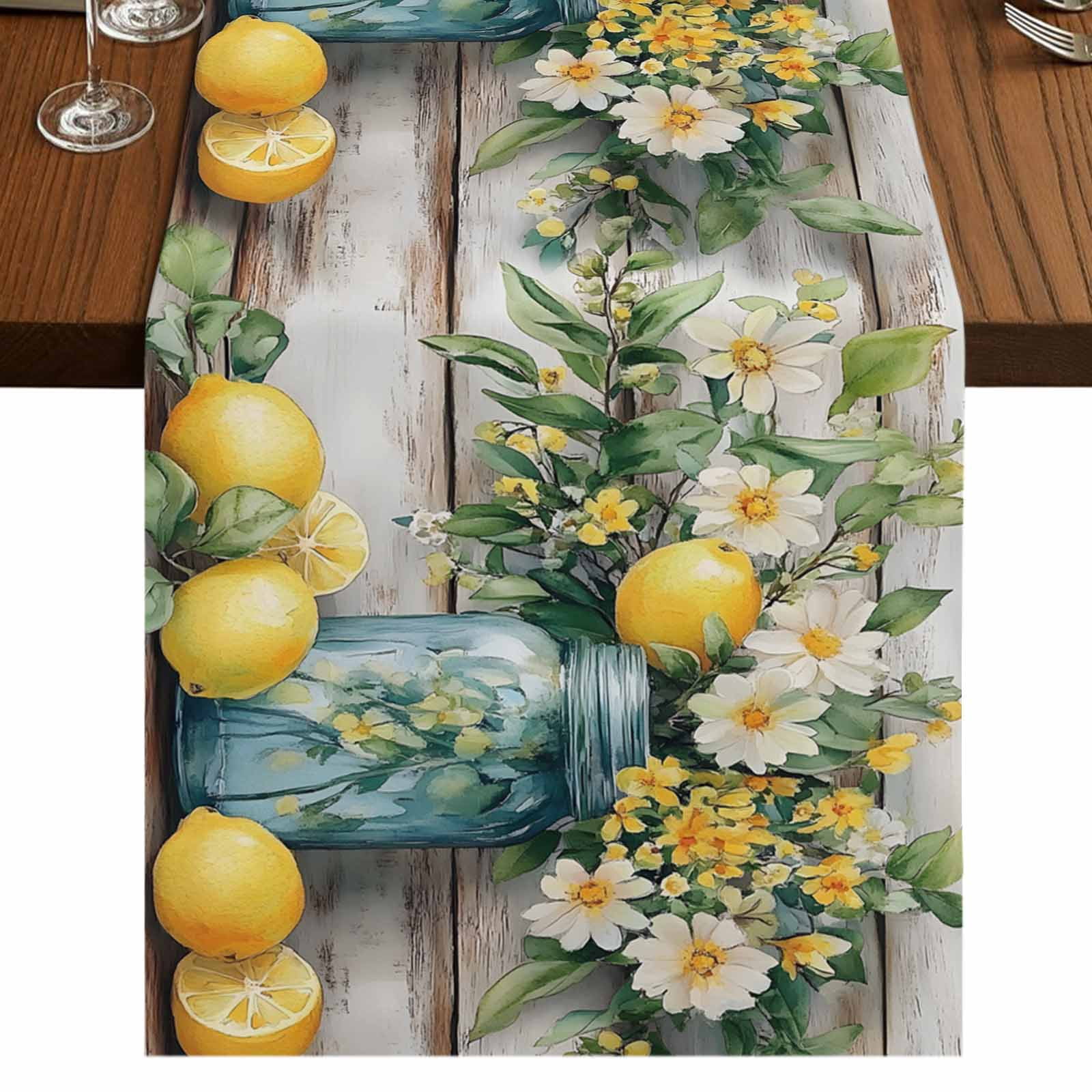 Tropical Lemon Summer 120 Inch Table Runner, Rustic Botanical Wooden ...