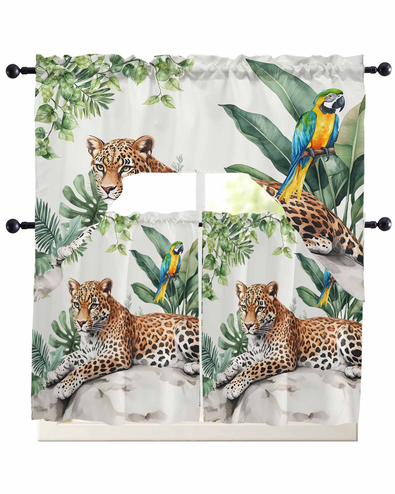 Tropical Leopard Parrot Kitchen Curtains Sets 36 Inch Length with ...